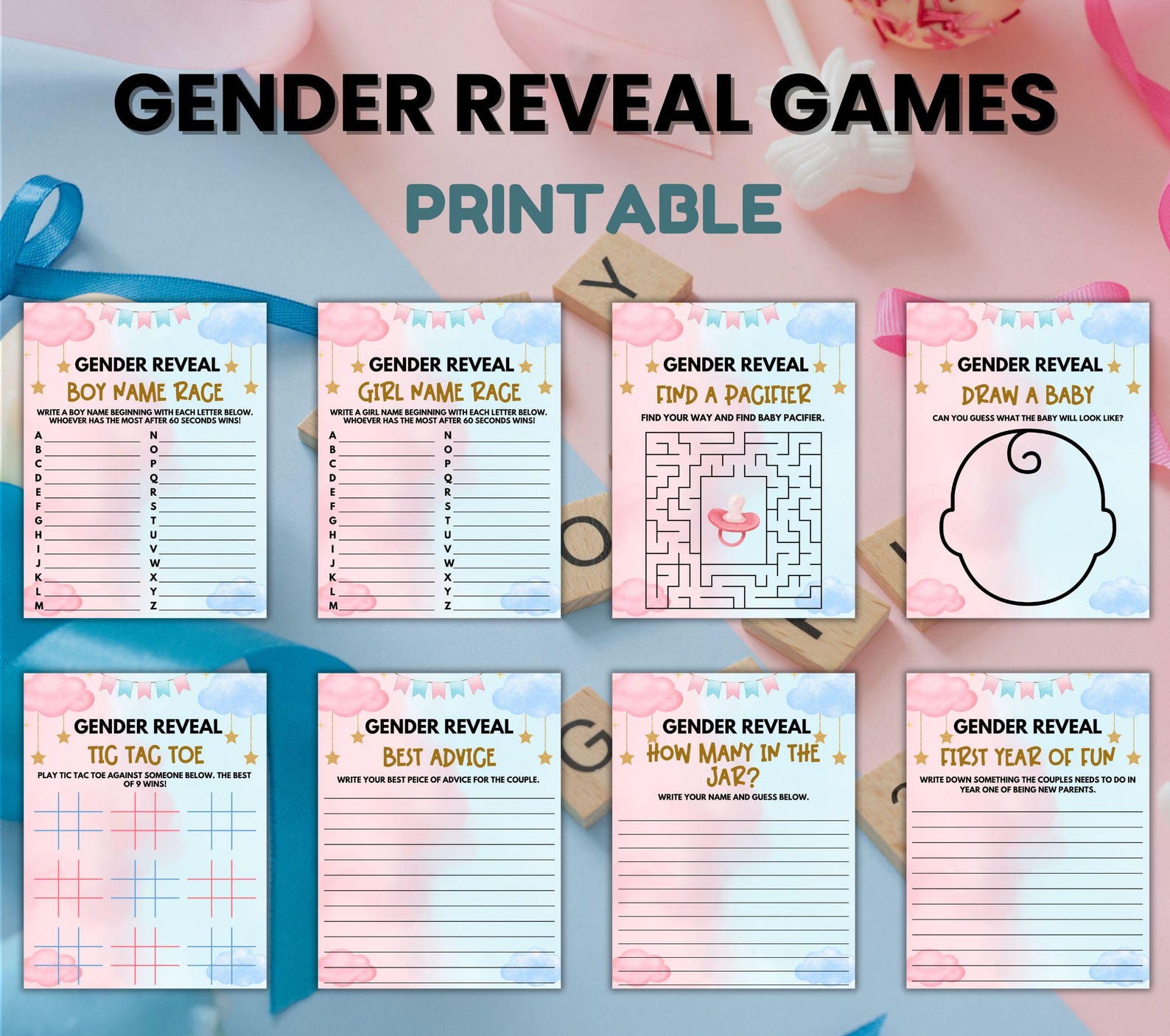 Gender Reveal Games Bundle Printable, Gender Reveal Games, Gender Reveal Party Games, Blue Pink ...