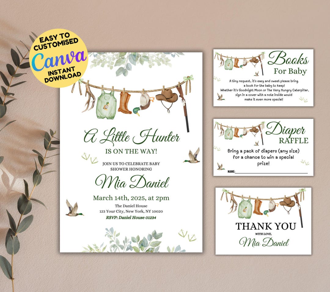 Editable Duck Hunting Baby Shower Invitation Pack, A Little Hunter ...