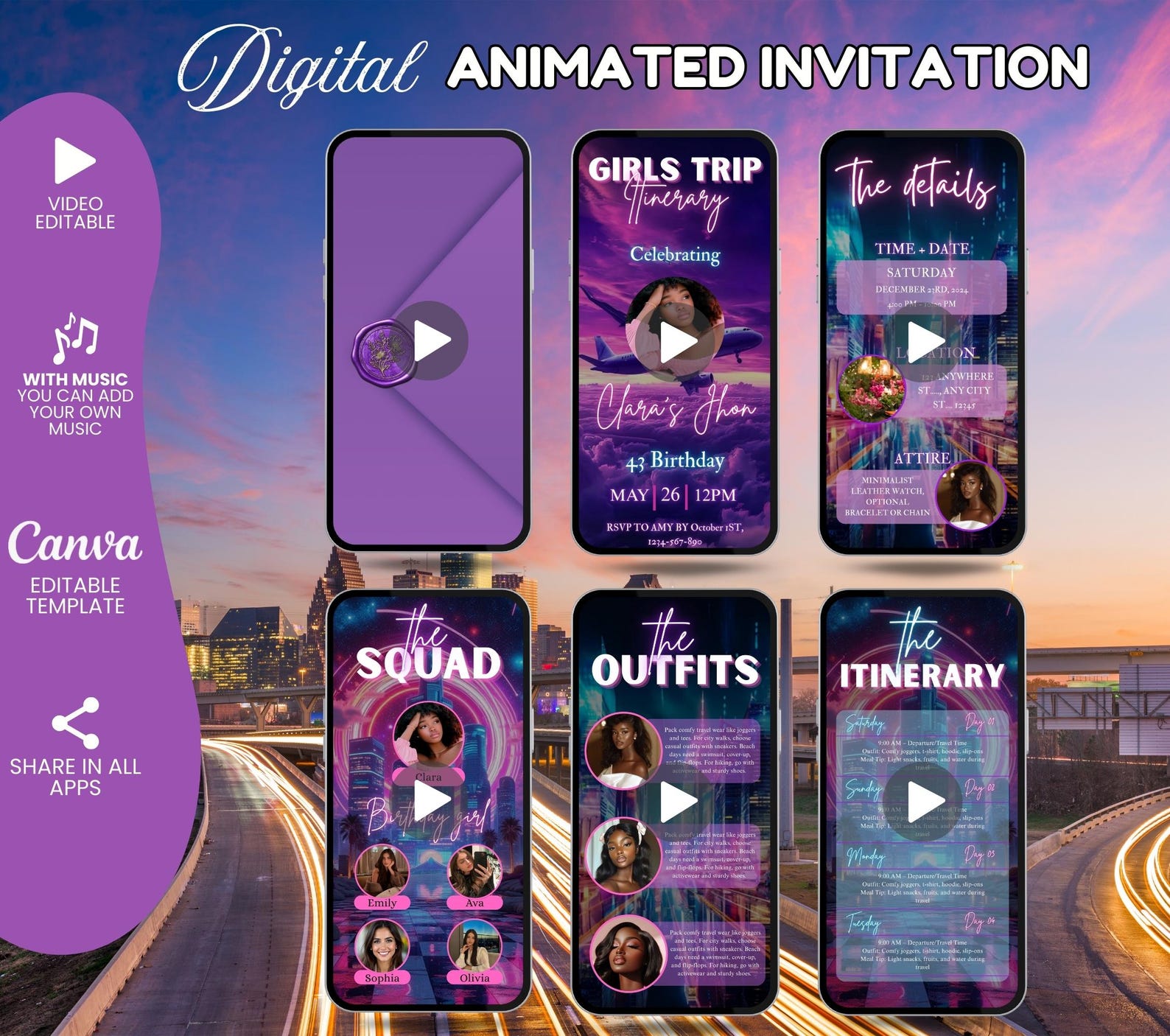 Digital Girls Trip Animated Itinerary Template, Travel Itinerary ...