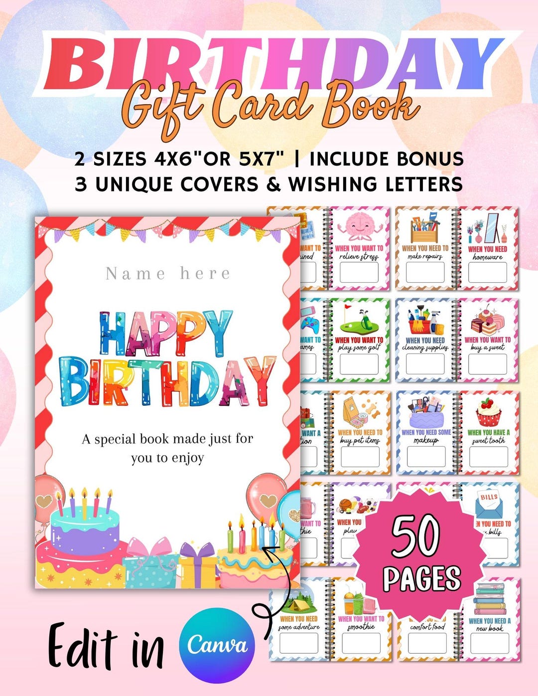Editable Birthday Gift Card Book, Printable Last Minute Gift (canva ...