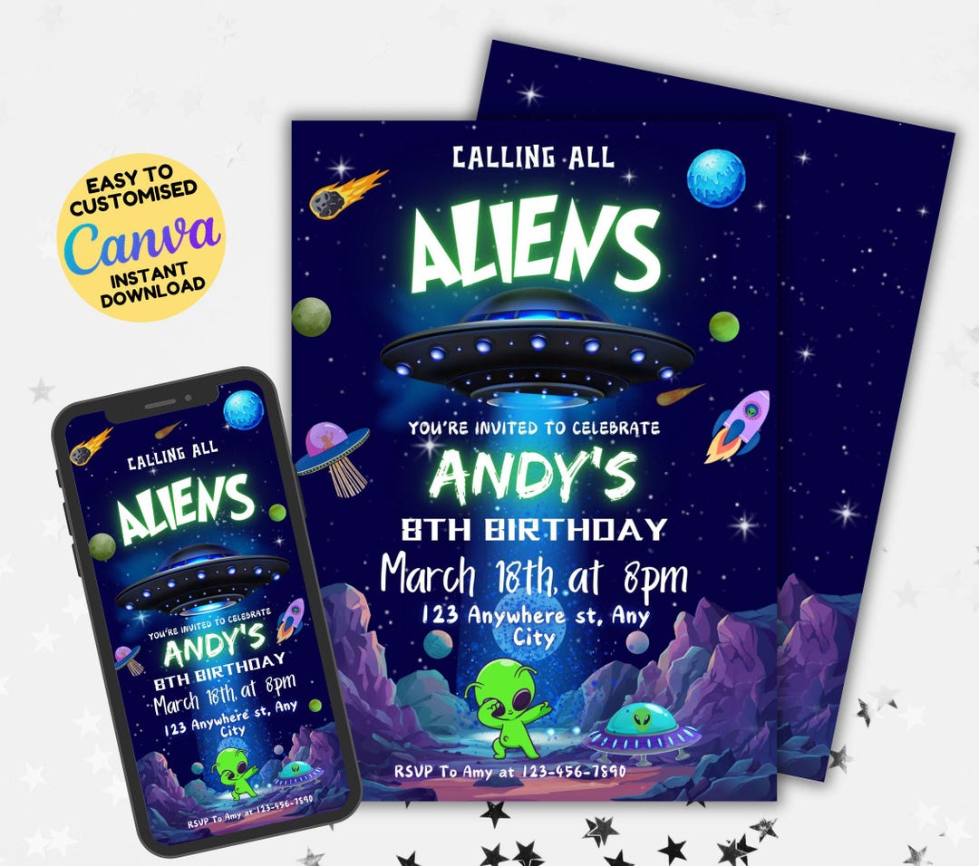 Editable Alien Birthday Invitation, UFO Invitation, Alien Invitation ...