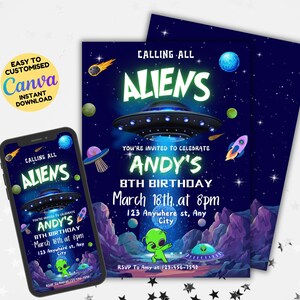 Editable Alien Birthday Invitation, UFO Invitation, Alien Invitation ...