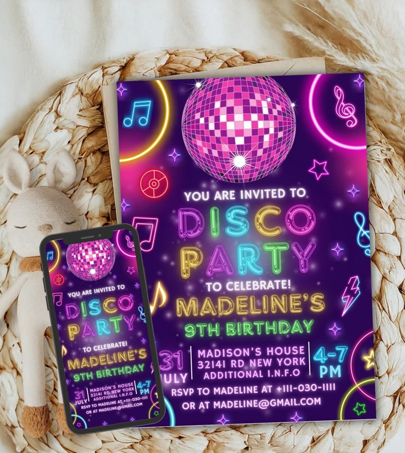 Editable Disco Party Birthday Invitation, Disco Gender Neutral Invites ...
