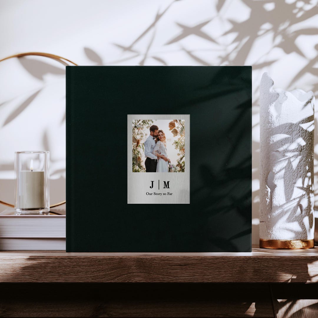Elegant Wedding Album in Dark Green Velvet With Printed Photo on Silver ...