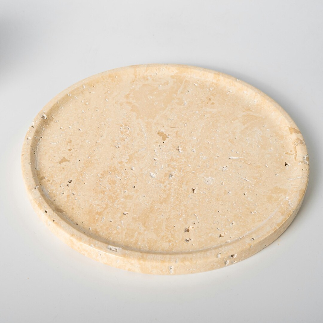 Beige Travertine Round Tray, Vanity Decor Marble Tray, Natural Stone ...