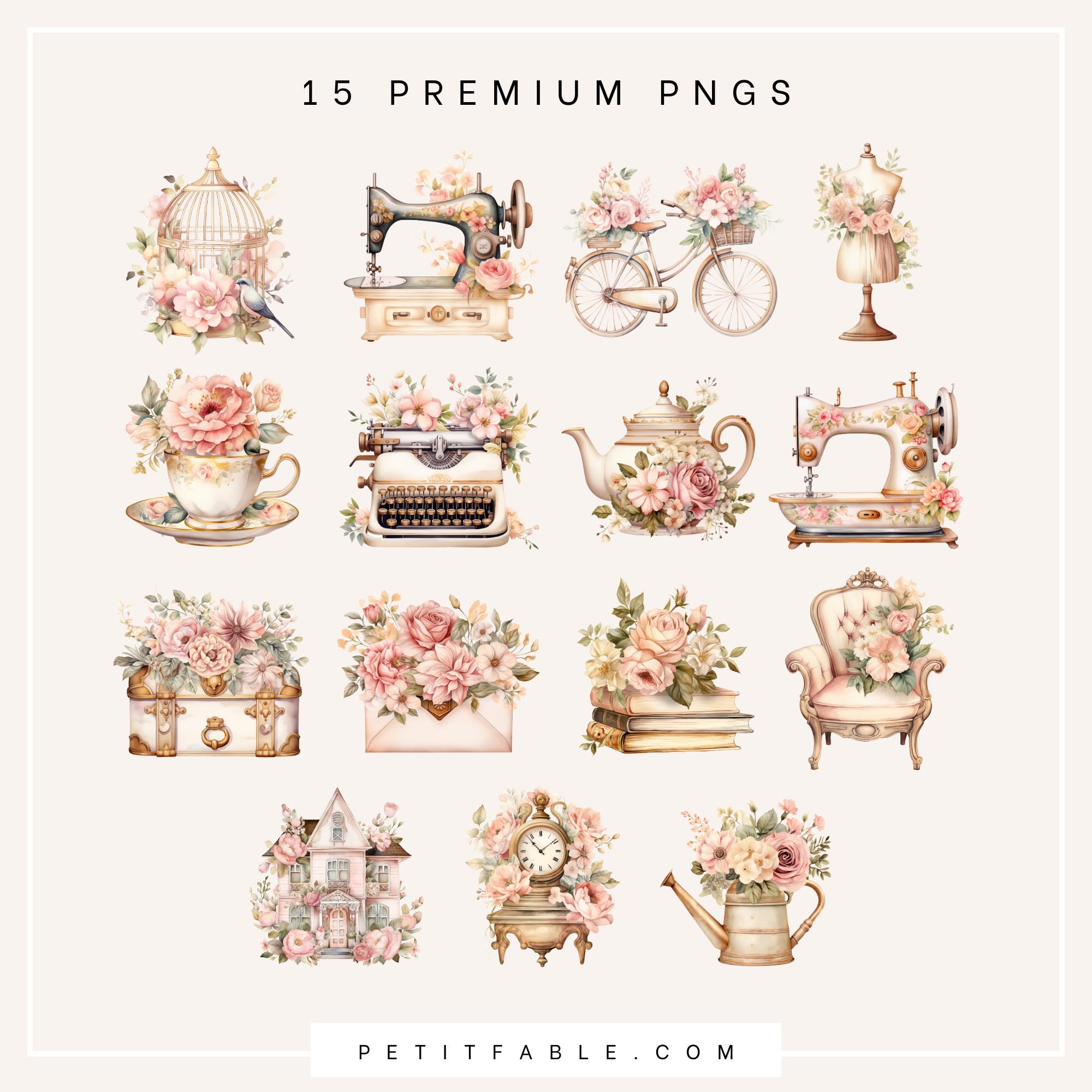 Shabby Chic Clipart Watercolor Set for Commercial Use Transparent Pngs ...