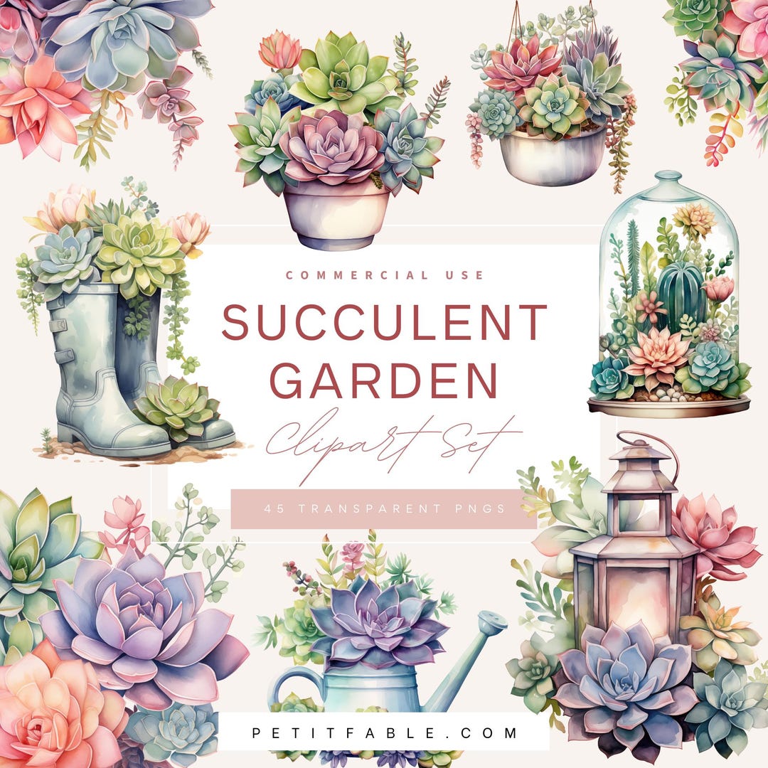 Succulent Garden Clipart Watercolor Set for Commercial Use Transparent ...