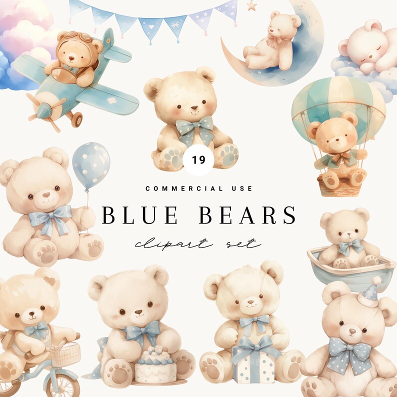 Blue Bear Clipart Watercolor Set for Commercial Use Transparent Pngs ...