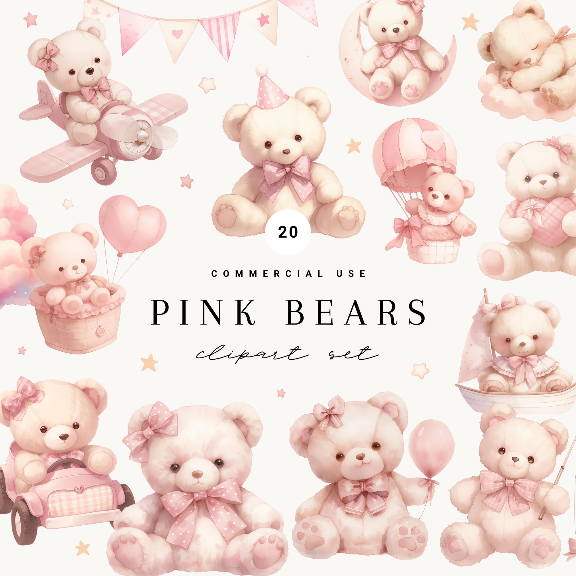 Pink Bear Clipart Watercolor Set for Commercial Use Transparent Pngs ...