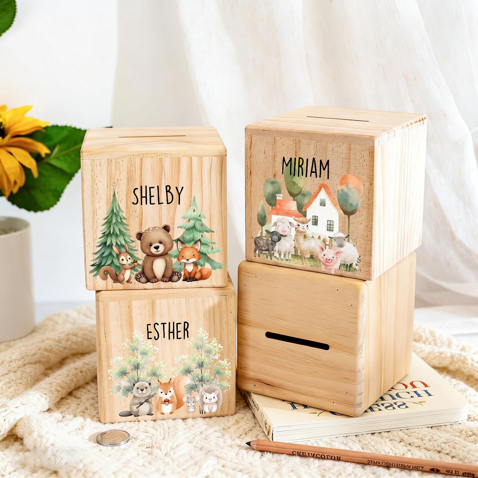 Personalized Wooden Animal Piggy Bank, Custom Name Money Box for Kids ...