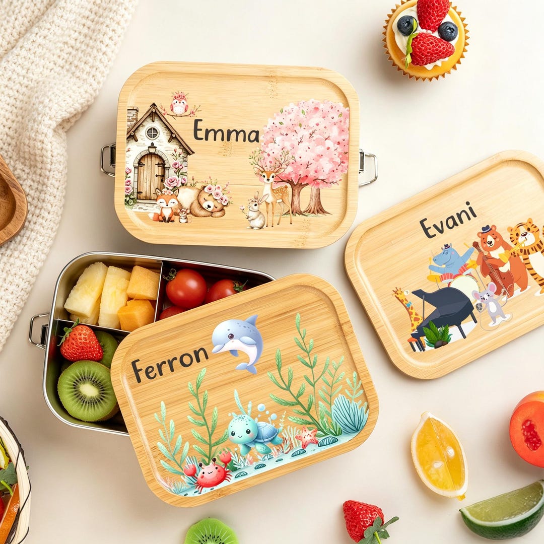 Personalized Stainless Steel Lunch Box With Wooden Lid, Custom Name ...