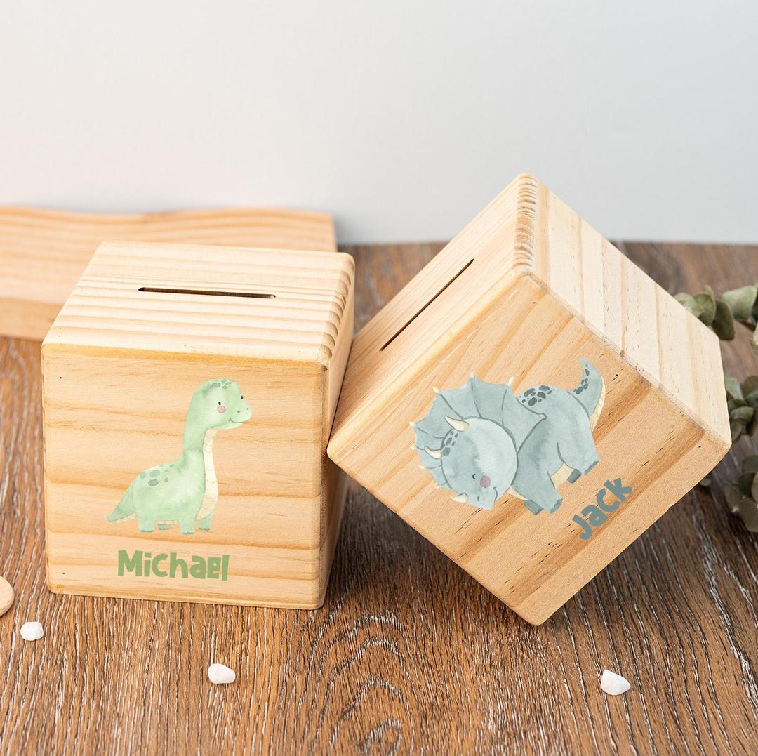 Dinosaur Baby Money Box, Wooden Money Box, Children Money Box With Name ...