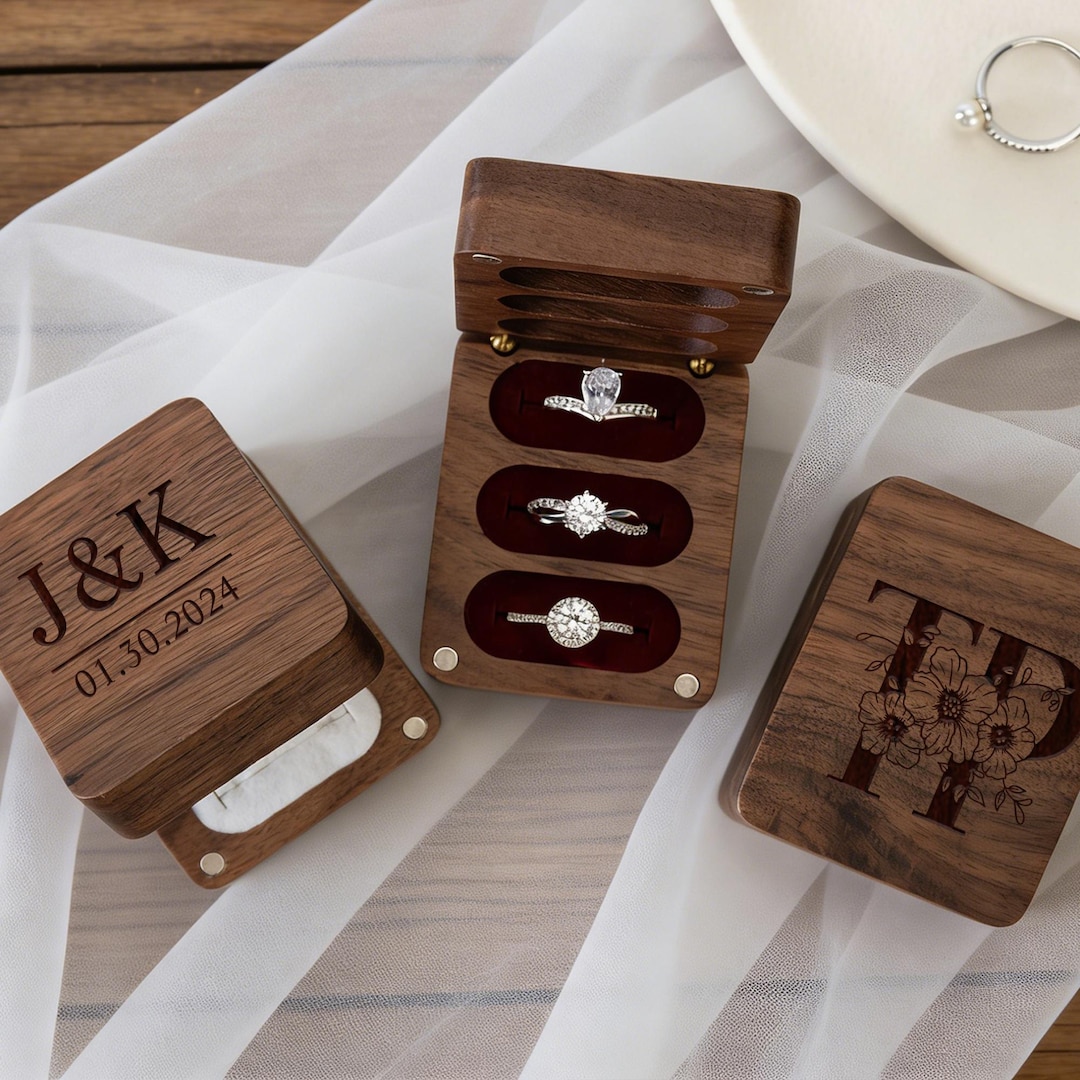 Personalized Wedding Ring Box Holder, Ring Box With 3 Slots ...
