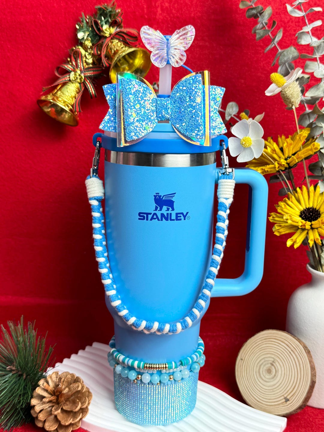 Christmas Stanley Blue Set | Stanley Shiny Bow Straw Topper | Stanley ...