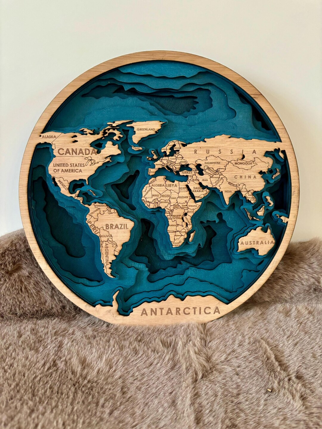 3D Wooden World Map, Blue Five Multilayer World Map, Antarctica ...