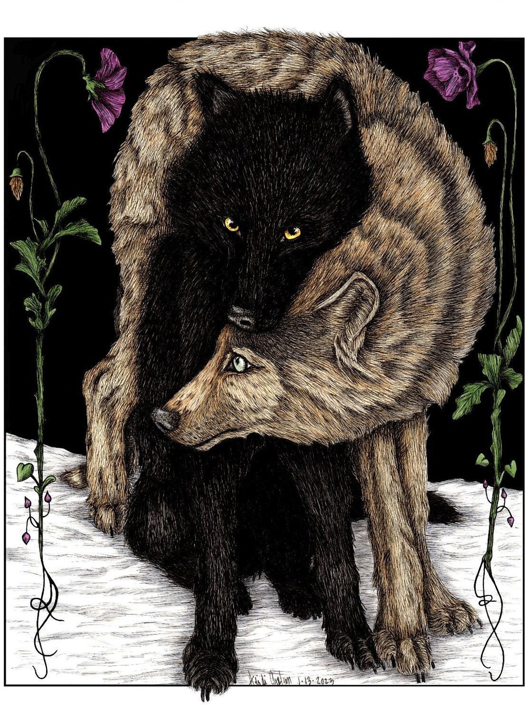 Art Nouveau Wolves With Flowers Giclee Fine Art Print - Etsy