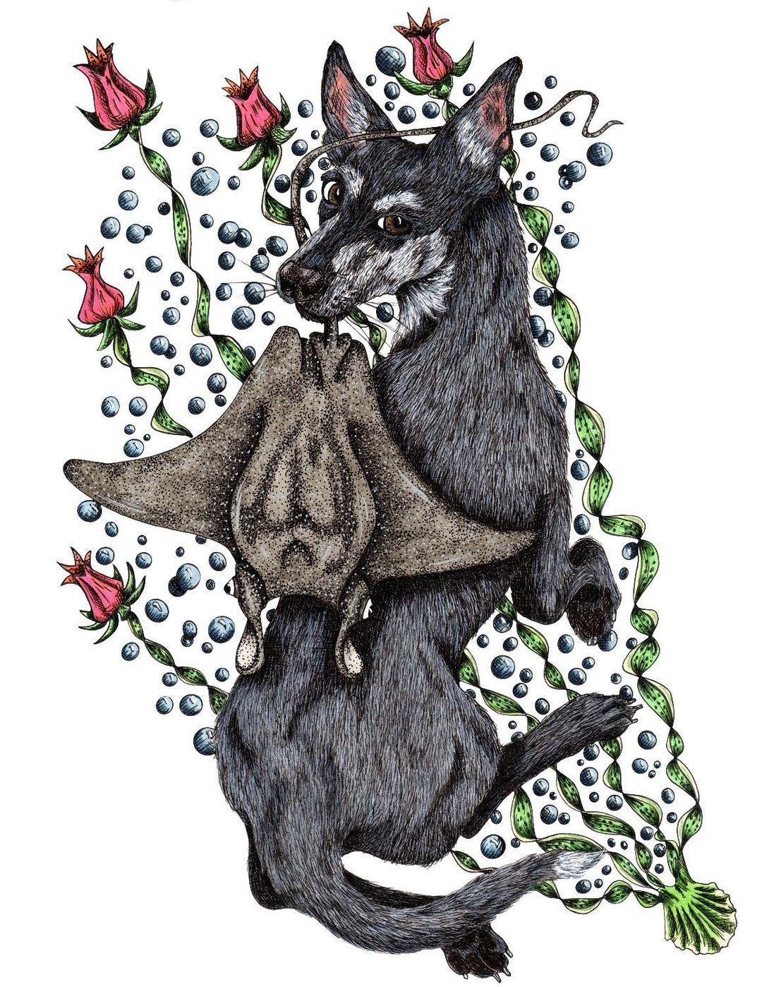 Fantasy Ocean Dog With Manta Ray, Bubbles and Flowers Giclee Fine Art ...