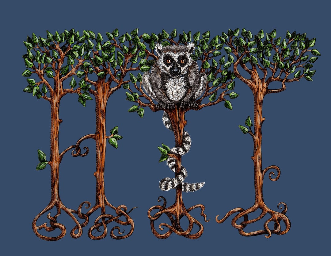 Ring-tailed Lemur in Stylized Art Nouveau Trees Giclee Fine Art Print ...