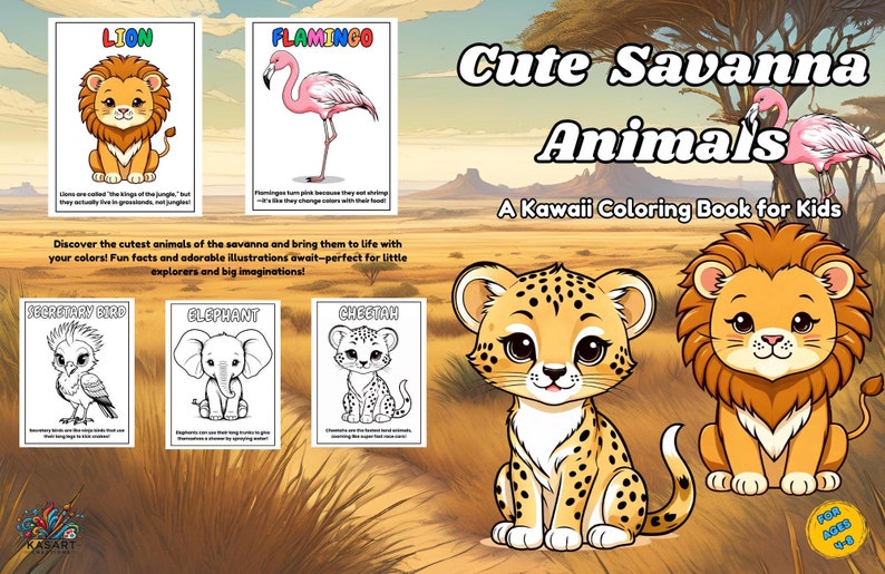 Cute Savanna Animals: A Kawaii Coloring Book for Kids - Etsy