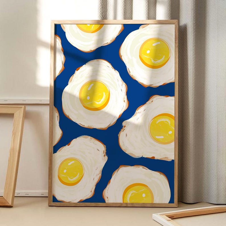 Blue Fried Egg Art Canvas Poster, Kitchen Wall Art, Bar Cart Aesthetic ...