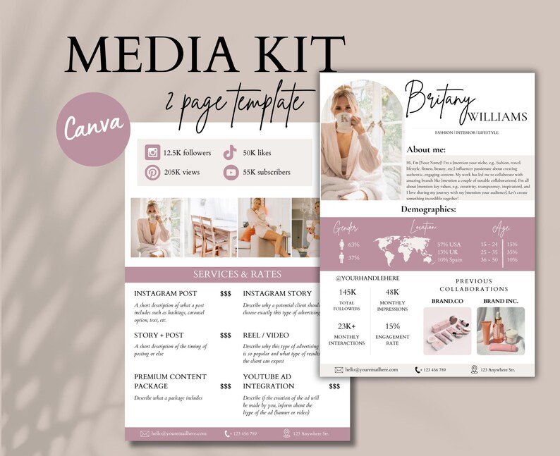 2 Page Influencer Media Kit Template Pink Rate Card Canva Template ...