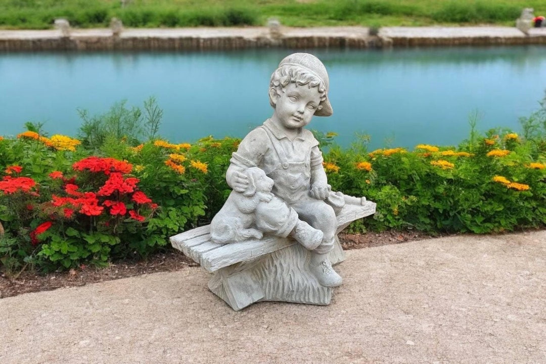 Boy With Dog Sculpture Stone Boy on Bench Baseball Player Figurine Pet ...