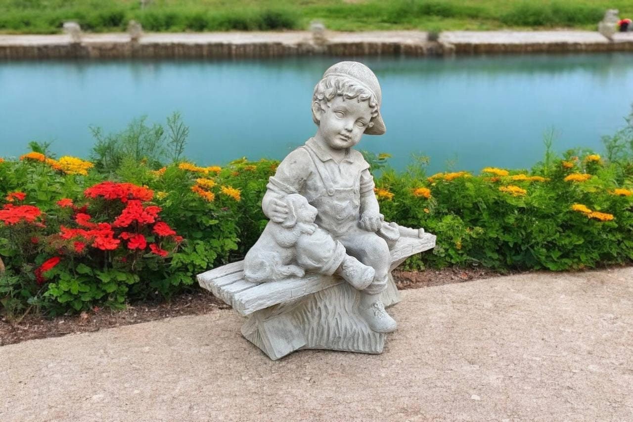 Boy With Dog Sculpture Stone Boy on Bench Baseball Player Figurine Pet ...
