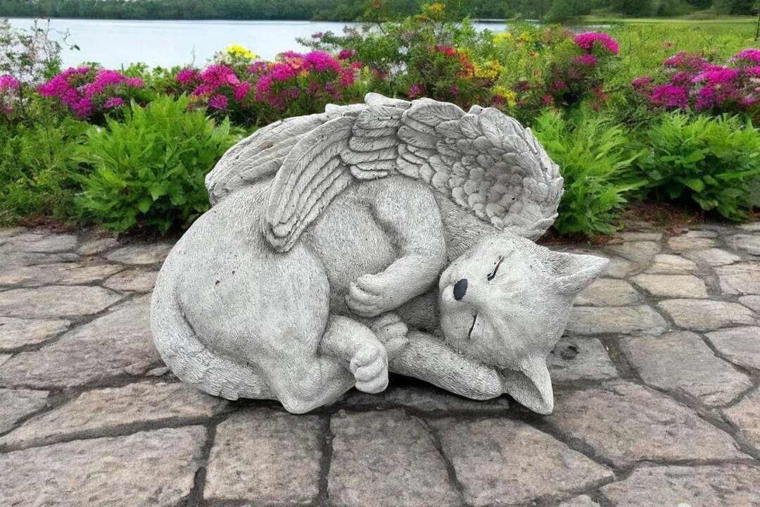 Angel Cat Statue Stone Laying Kitten With Wings Concrete Cat Memorial ...