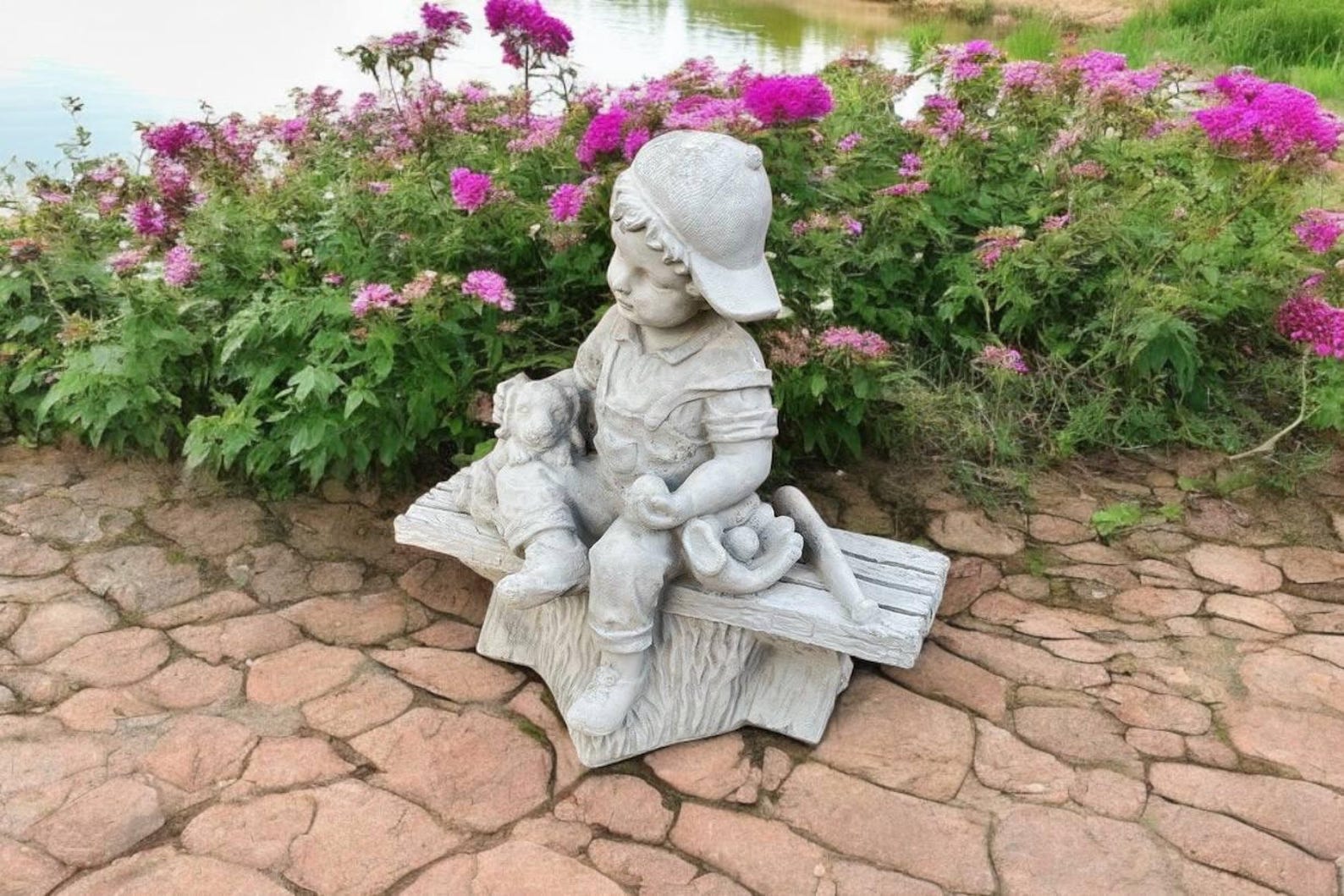 Boy With Dog Sculpture Stone Boy on Bench Baseball Player Figurine Pet ...