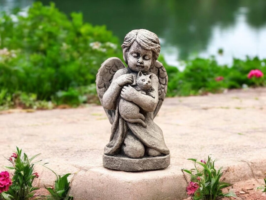 Yard Angel Figure, Angel With Kitten, Garden Angel Decoration, Lawn ...