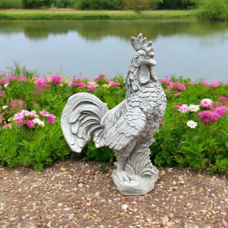 Realistic Rooster Figurine, Concrete Farm Bird, Outdoor Rooster Statue ...
