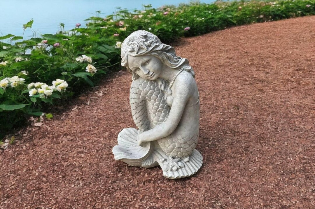 Sitting Mermaid Sculpture Mermaid Girl on Shell Outdoor Stone Decor ...