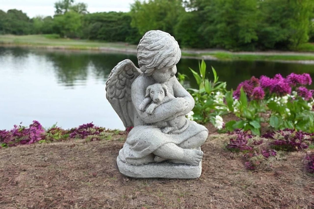 Stone Angel With Puppy Sitting Boy Statue Angel Figurine Concrete Puppy ...