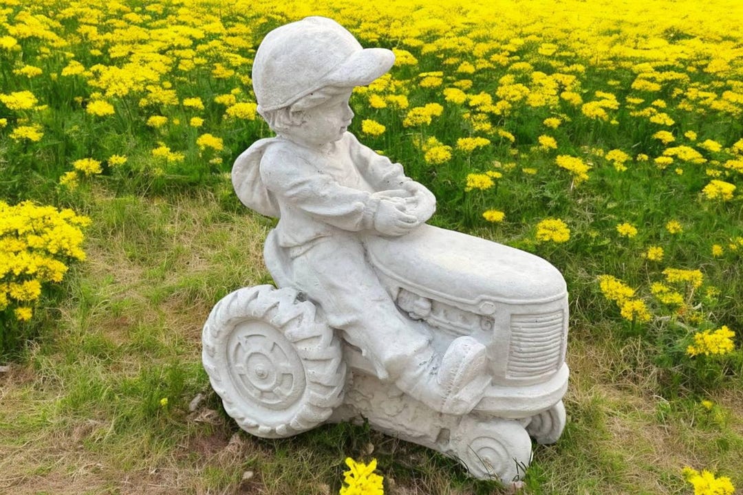 Boy Sitting on Tractor Concrete Boy Sculpture Kids Garden Decor Stone ...