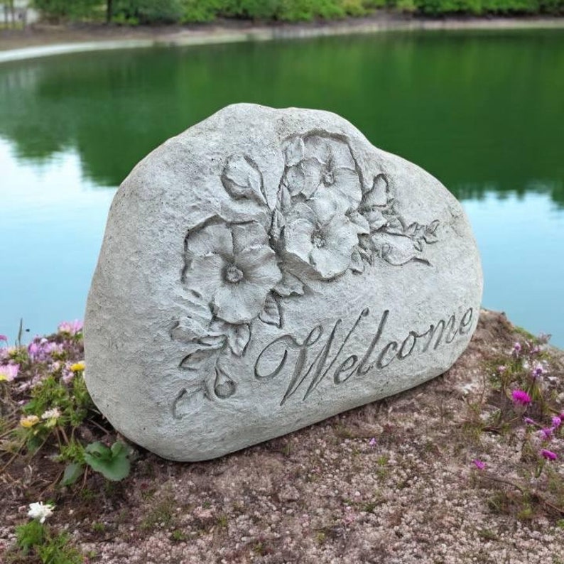 Stone Welcome Sign With Flowers Home Sign Rock Concrete Home Decoration ...