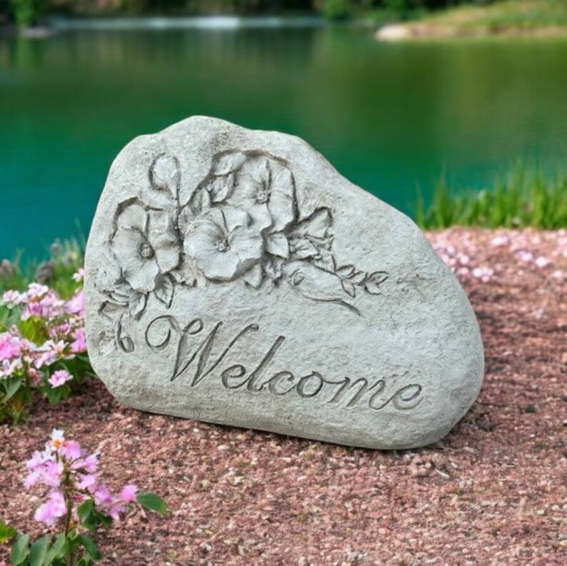 Stone Welcome Sign With Flowers Home Sign Rock Concrete Home Decoration ...