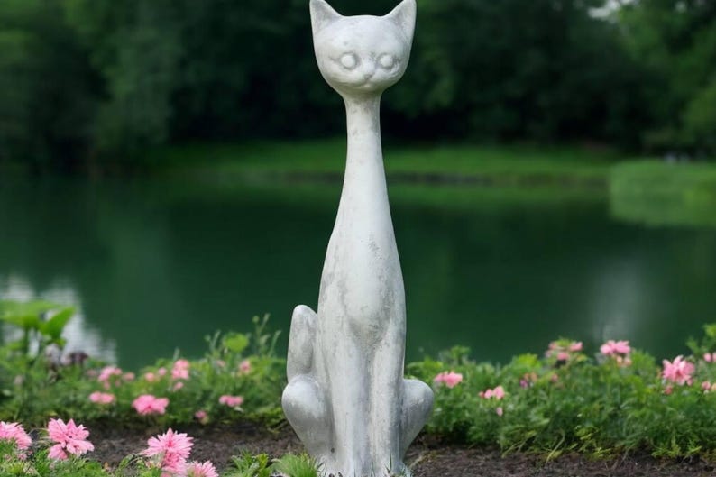 Garden Cat Statue, Cement Animal Decoration, Outdoor Kitten Art ...