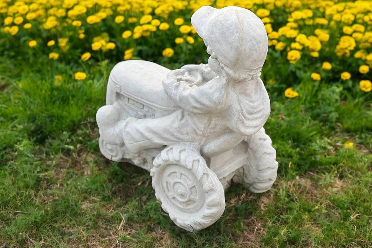 Boy Sitting on Tractor Concrete Boy Sculpture Kids Garden Decor Stone ...