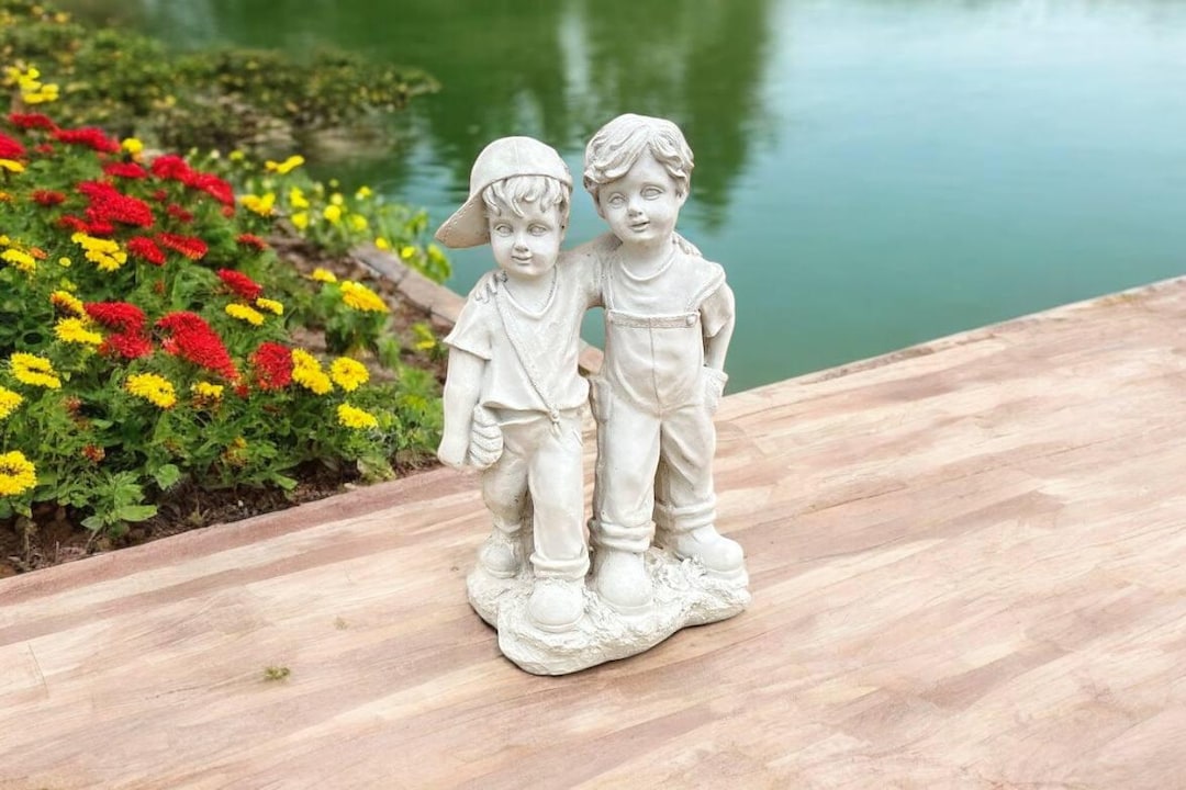 Large Boys Sculpture, Garden Children Decor, Outside Stone Kids, Lawn ...