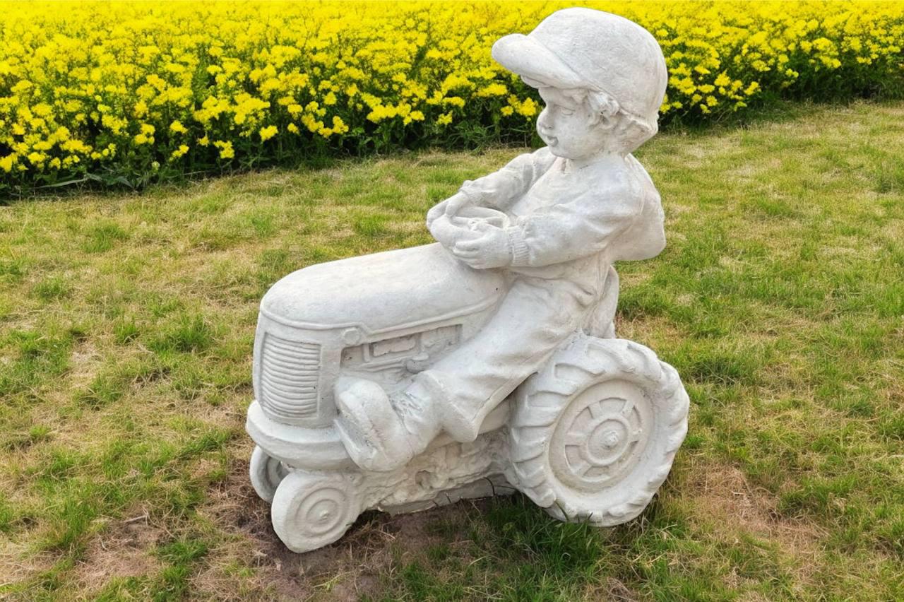 Boy Sitting on Tractor Concrete Boy Sculpture Kids Garden Decor Stone ...