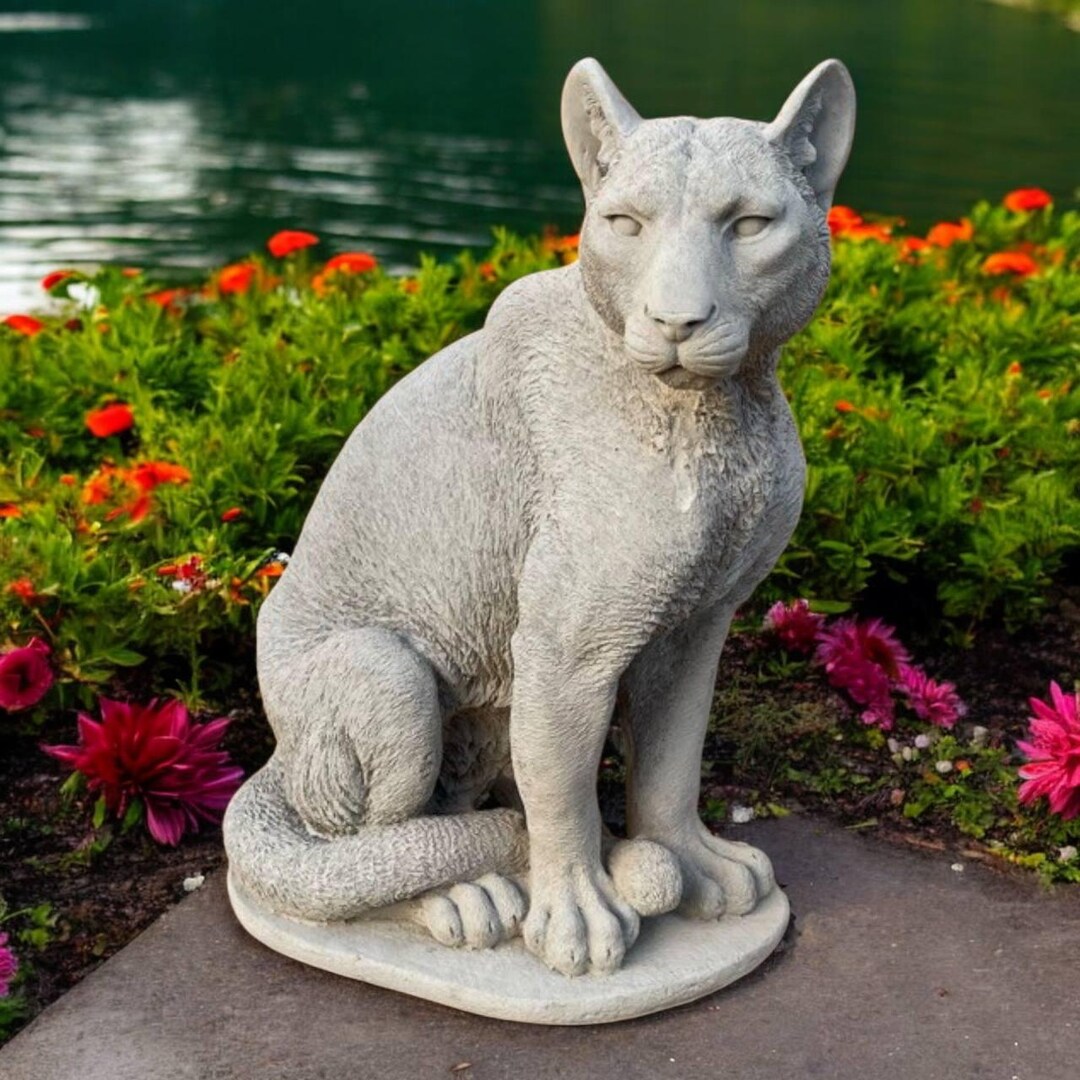Garden Cougar Sculpture, Yard Animal Ornament, Lawn Big Cat, Concrete ...