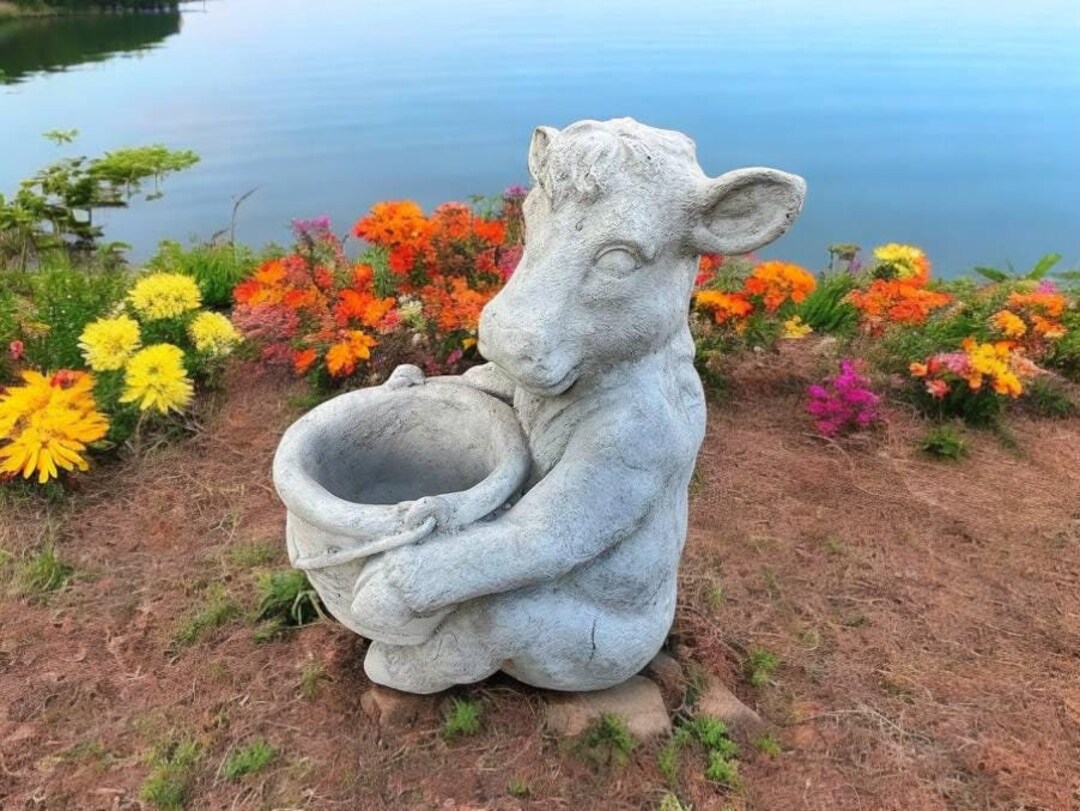 Garden Cow Figure, Outside Planter Statue, Stone Cow Decoration, Farm ...