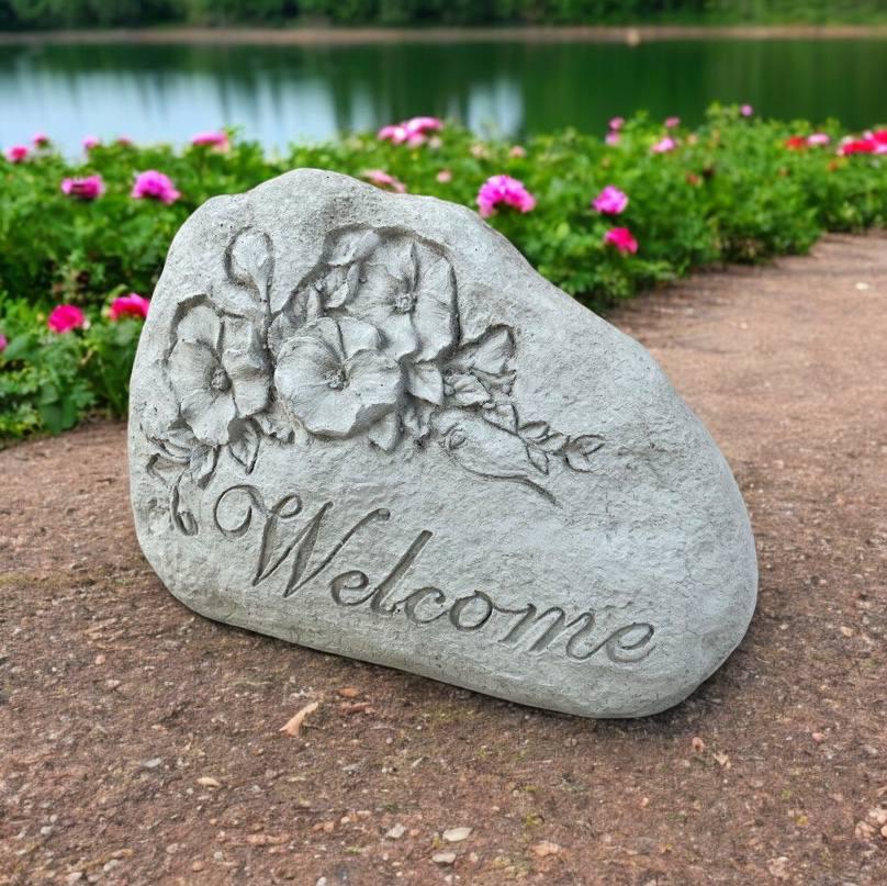 Stone Welcome Sign With Flowers Home Sign Rock Concrete Home Decoration ...