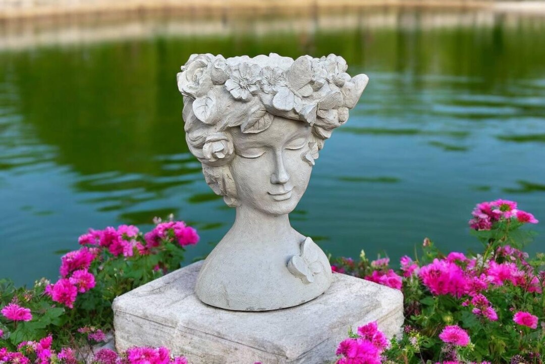 Woman Bust Figure Stone Flower Pot Woman Face With Flowers Girl Statue ...