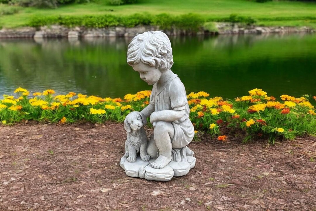 Stone Boy Decoration Boy With Puppy Dog Owner Gift Concrete Boy Statue ...