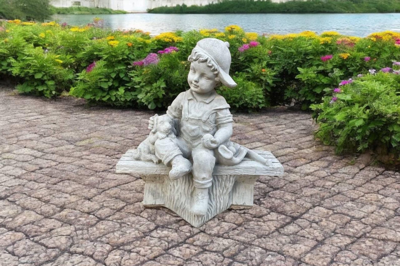 Boy With Dog Sculpture Stone Boy on Bench Baseball Player Figurine Pet ...