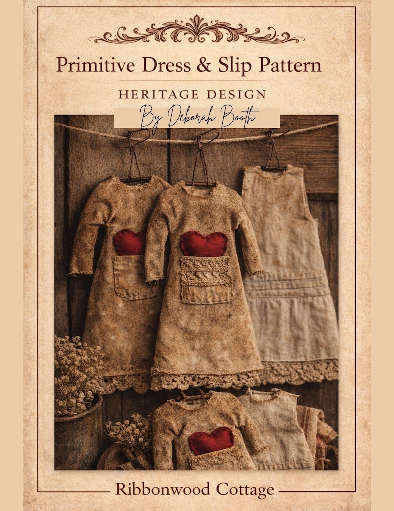Prim Dress & Slip Sewing Pattern | 9" Doll Clothes, Heart Applique (PDF ...