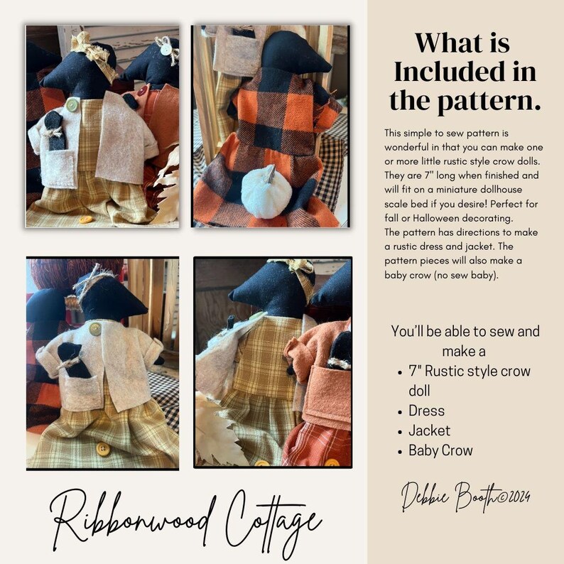 Sewing Pattern - Rustic Garden Crow, Jacket, Dress, Baby Crow | 7" Crow ...