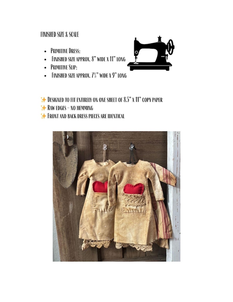 Prim Dress & Slip Sewing Pattern | 9" Doll Clothes, Heart Applique (PDF ...