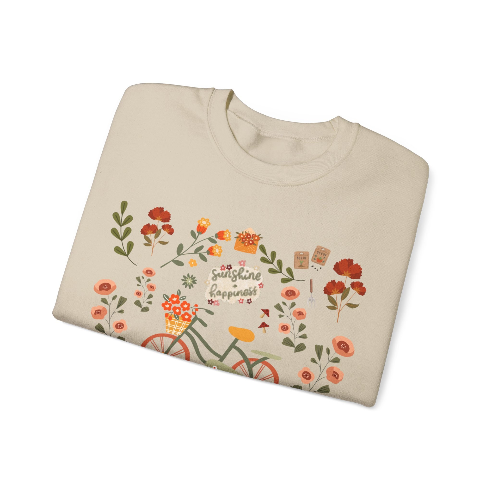 Cottage Style Bicycle and Boho Flower Garden Design Womens Crewneck ...
